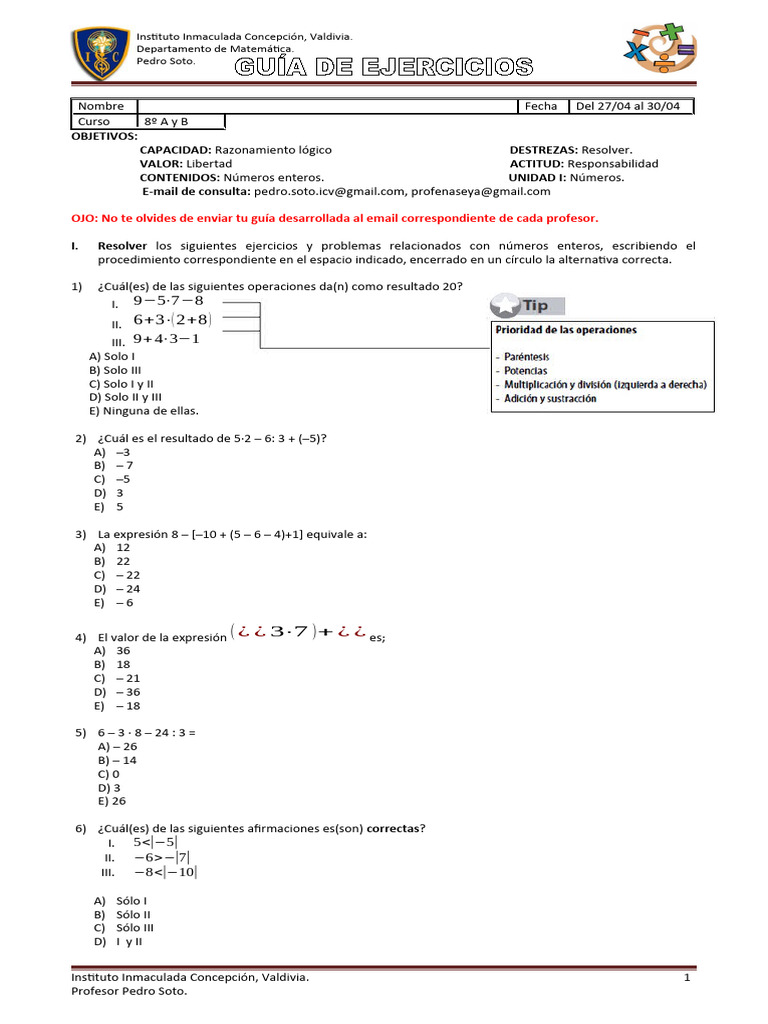 Guia-de-numeros-enteros-8°-alternativas | PDF | Matemáticas