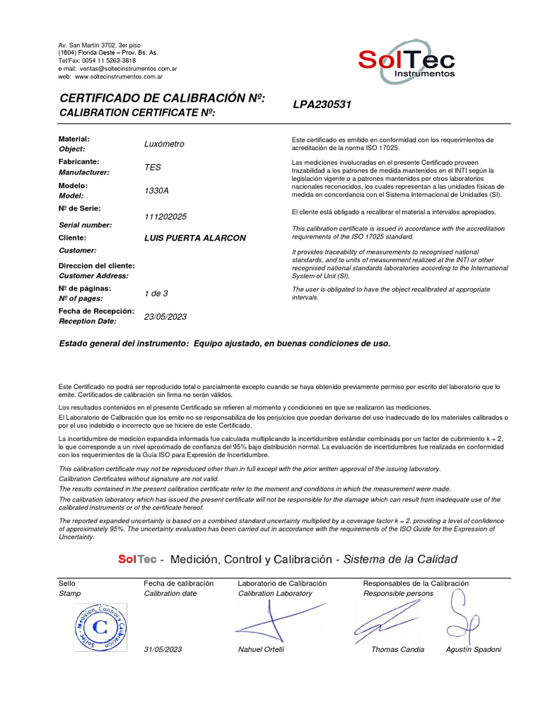Luxometro | PDF | Calibración | Probabilidad