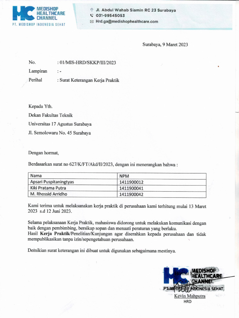 Surat Balasan KP PT MHC | PDF