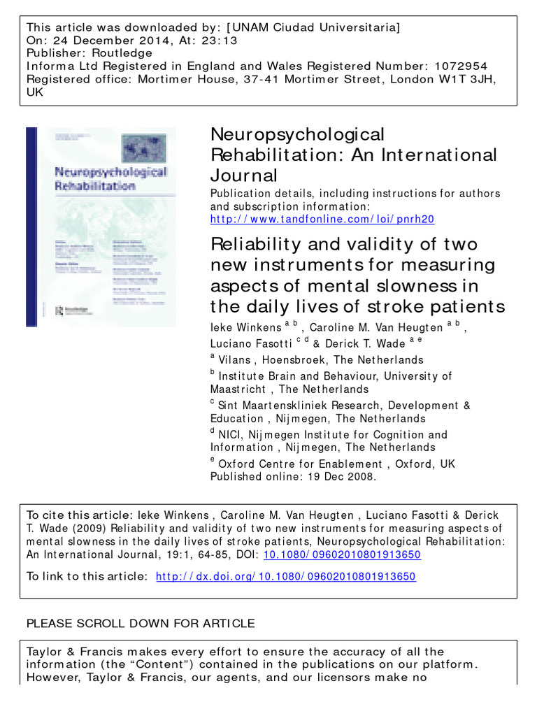 Winkens 2009 | PDF | Mental Chronometry | Stroke