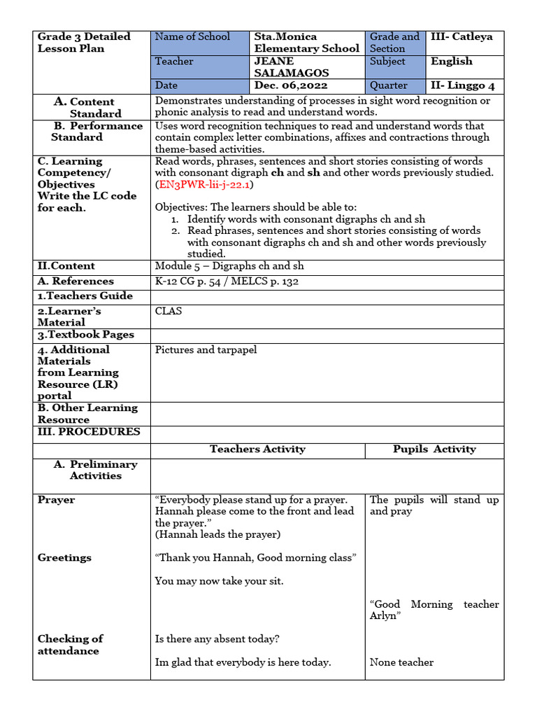 Grade 3 Digraphs: CH and SH Lesson Plan | PDF