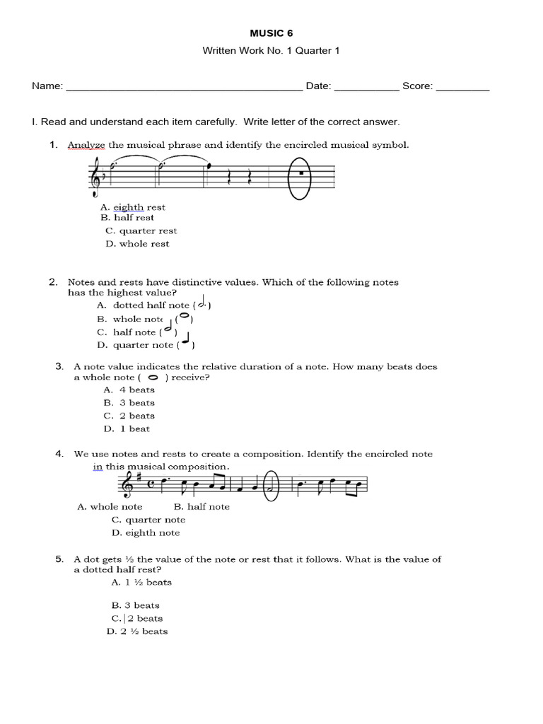 Music 6 Written Work Assessment | PDF
