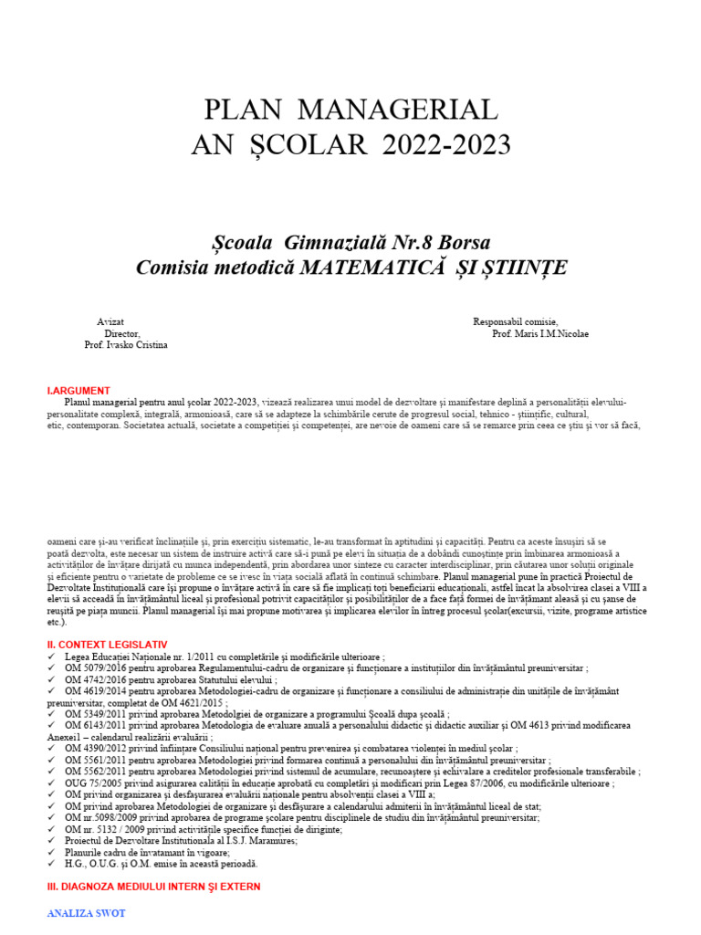 Plan Managerial Comisie Metodica 2022-2023 | PDF