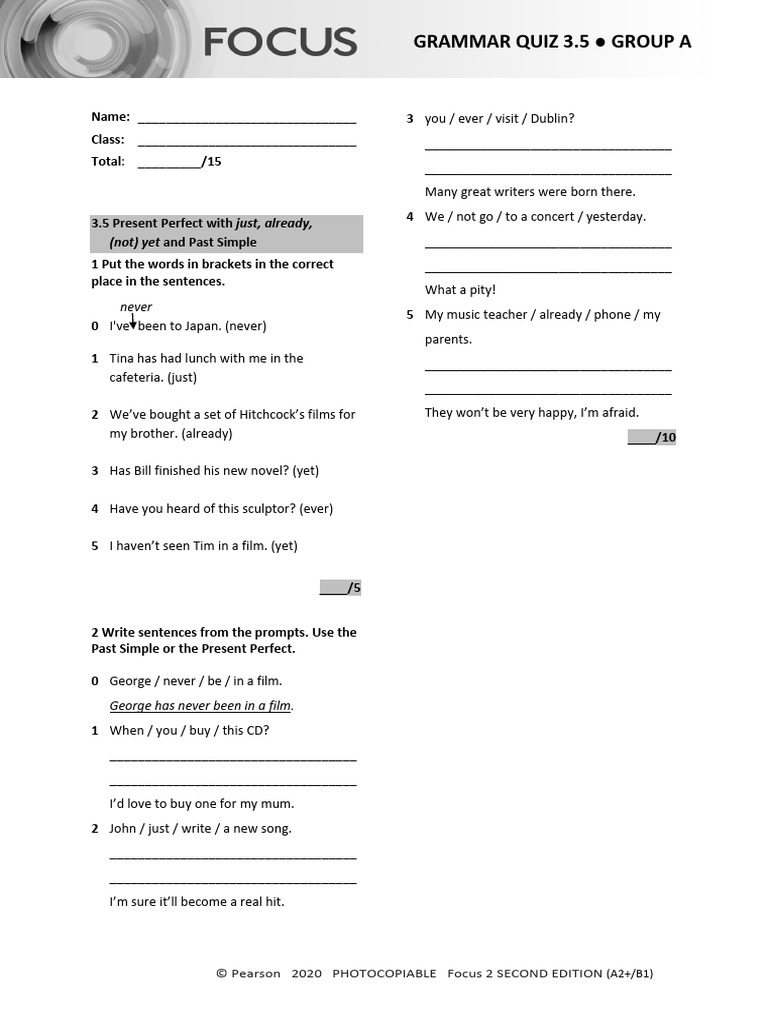 Focus2 2E Grammar Quiz Unit3 5 GroupA | PDF