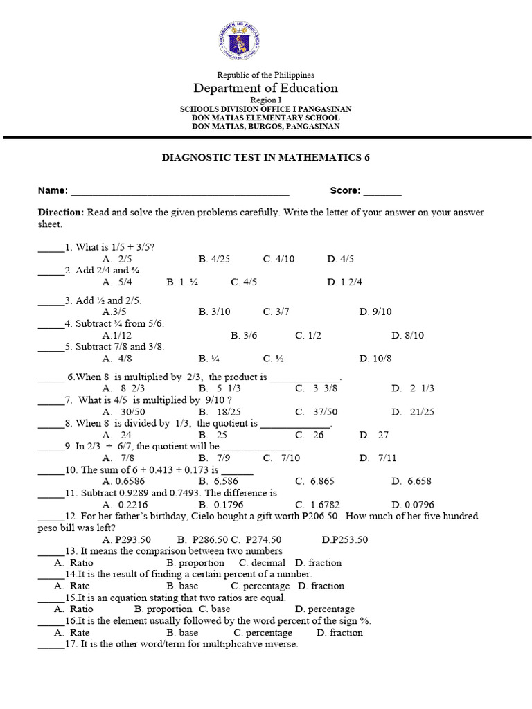 Pre-Test - Mathematics 6 | PDF | Triangle | Ratio