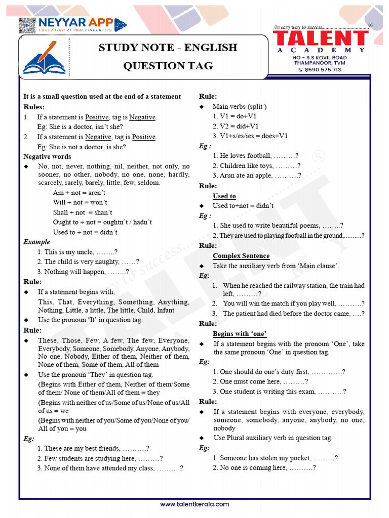 Youtube - Study Note - English Question Tag | PDF