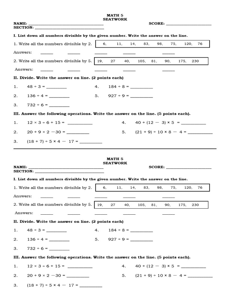 Math Seatwork | PDF