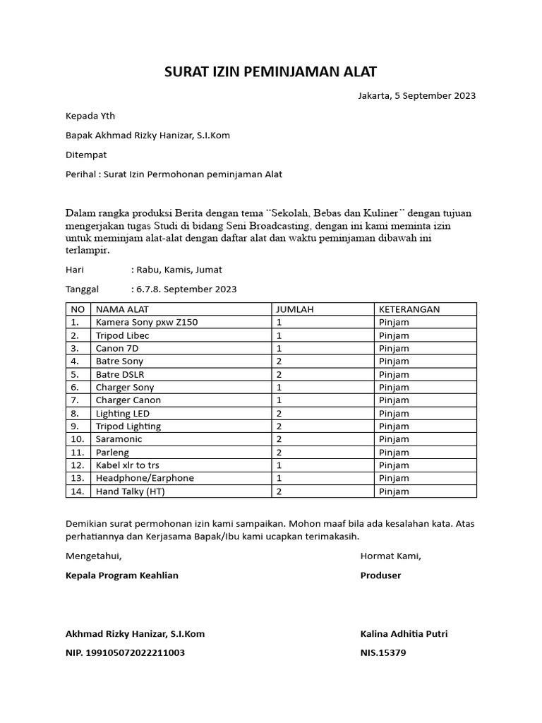 Surat Izin Peminjaman Alat | PDF