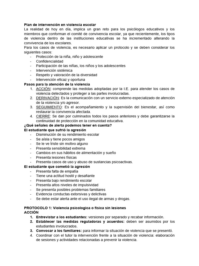 Plan de Intervención en Violencia Escolar | PDF