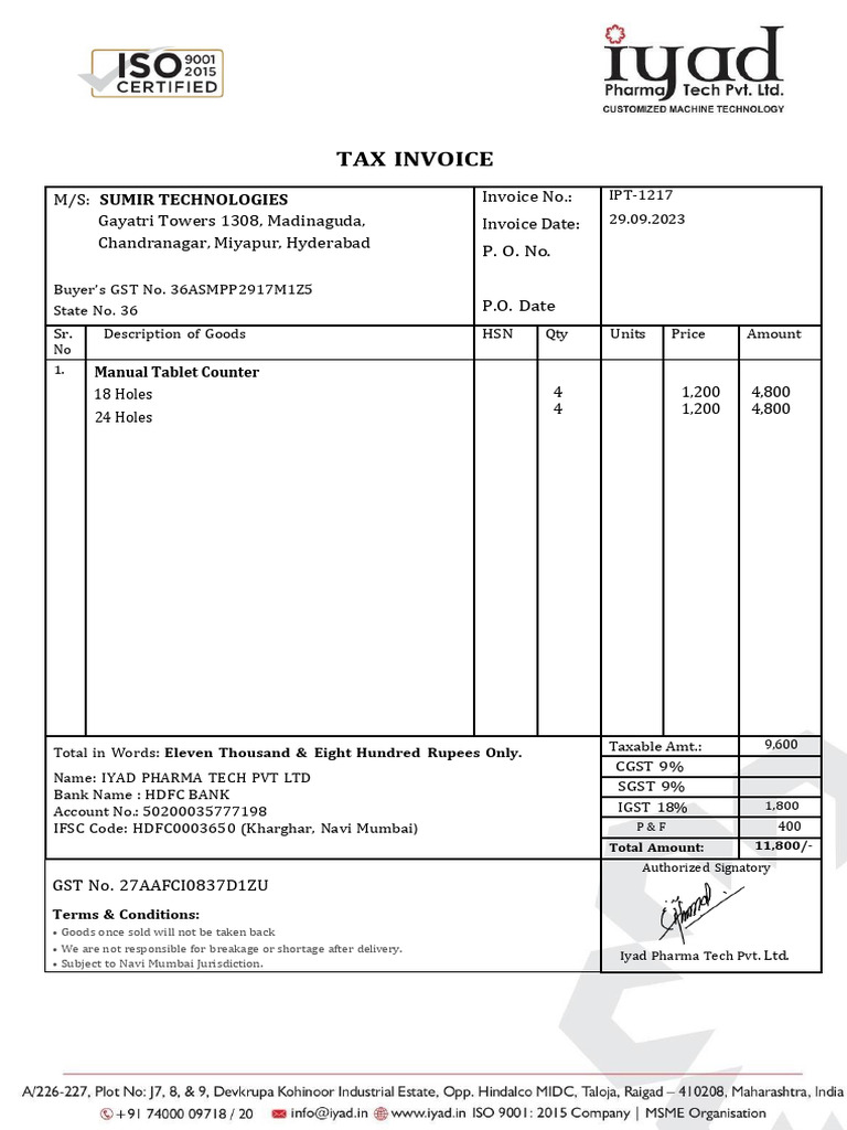 Tax Invoice for Iyad Pharma Tech | PDF