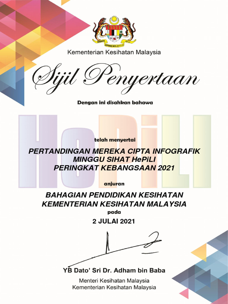 Sijil Penyertaan Peserta Infografik Minggu Sihat HePiLI 2021 (Real) | PDF