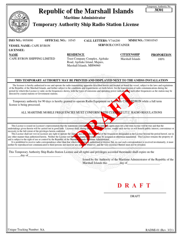 Temporary Authority Ship Radio License CAPE BYRON 08 SEP 2023 11-31-59 ...