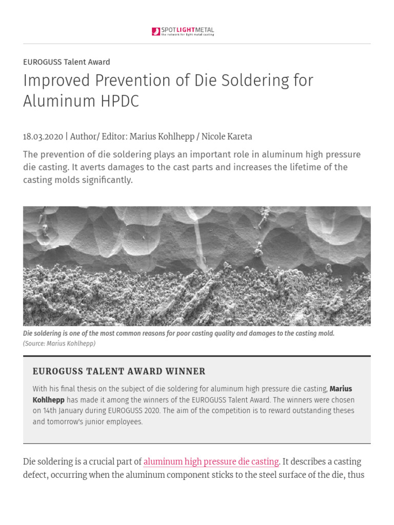Spotlightmetal - Improved Prevention of Die Soldering For Aluminum HPDC ...