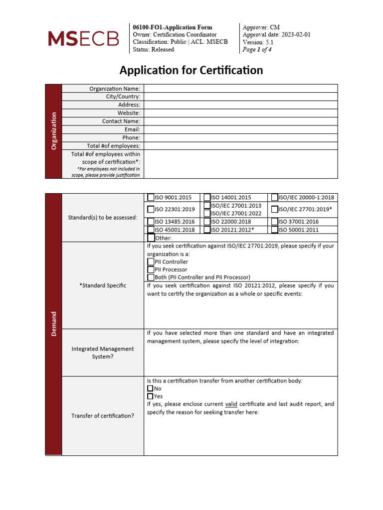 ISO Certification Application Form | PDF | International Organization ...