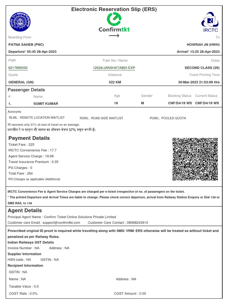 Indian Railways Electronic Reservation Slip | PDF | Identity Document