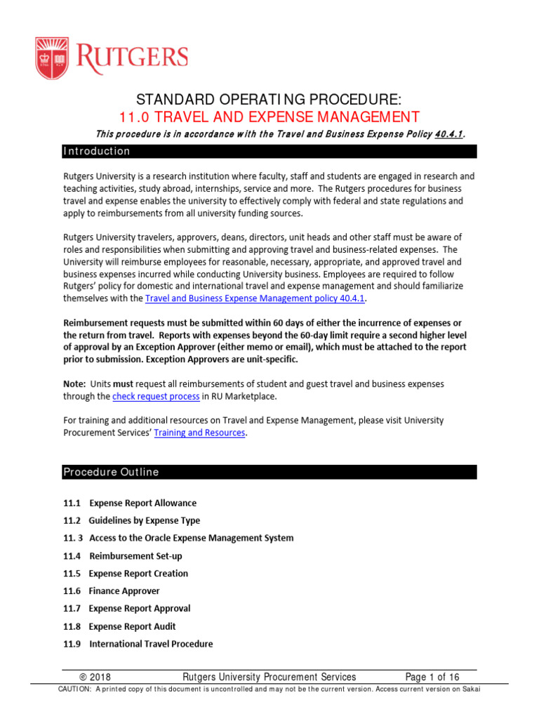 Standard Operating Procedure 11.0 Travel and Expense Management | PDF