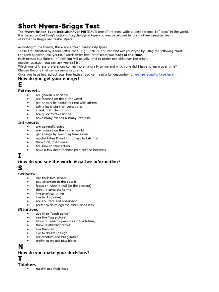 Free Short Myers-Briggs Test | PDF
