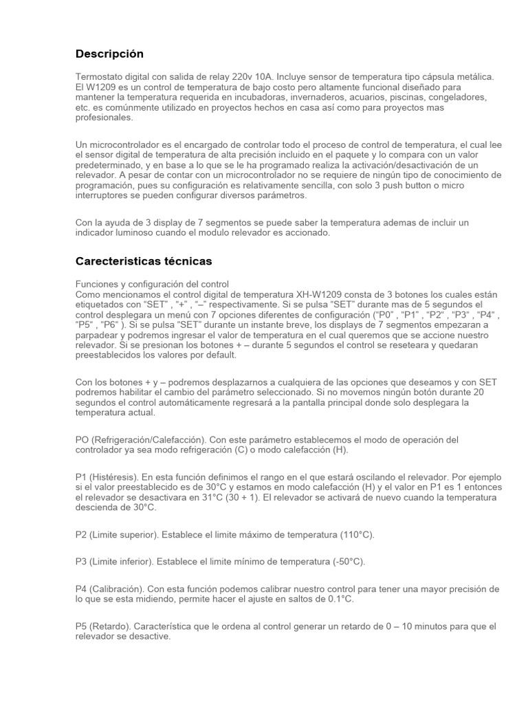 Termostato Digital Programable Iot W1209 Modulo Relay Display | PDF