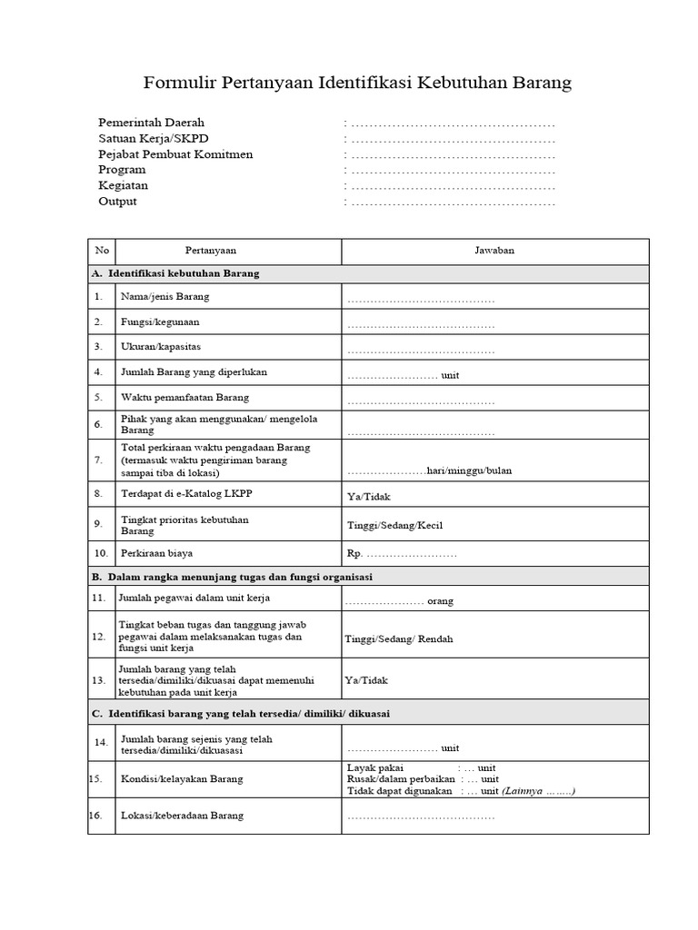 Formulir Identifikasi Kebutuhan - 291121 | PDF