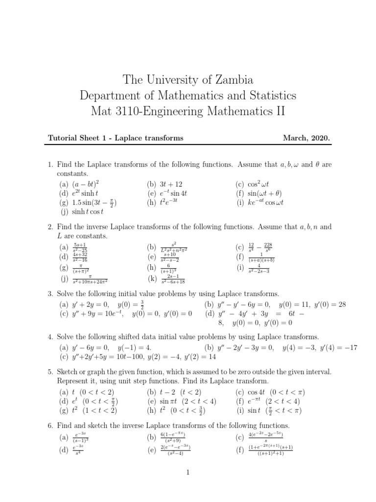 Laplace Transforms Tutorial Sheet | PDF | Laplace Transform | Mathematical Concepts