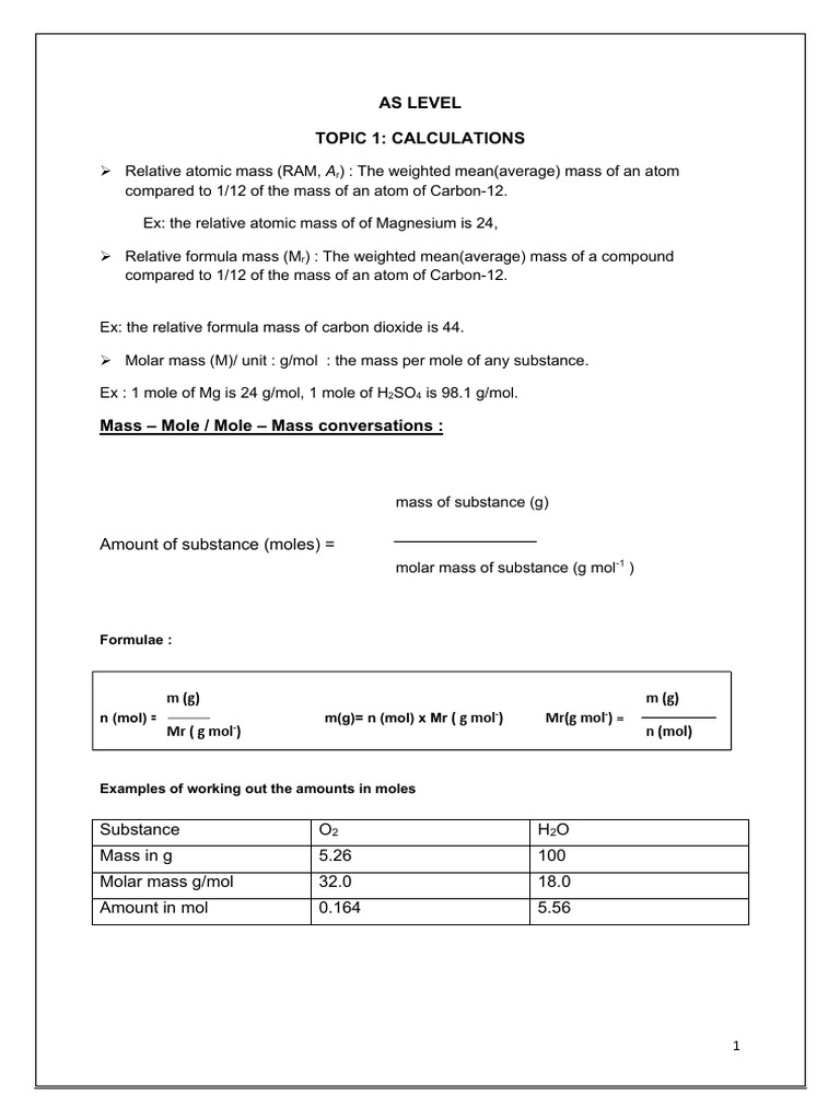 As LEVEL Calculations | PDF | Mole (Unit) | Physical Chemistry