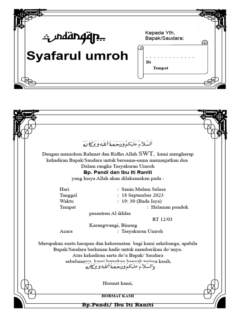 Undangan Tasyakuran Umroh Pandi dan Iti | PDF