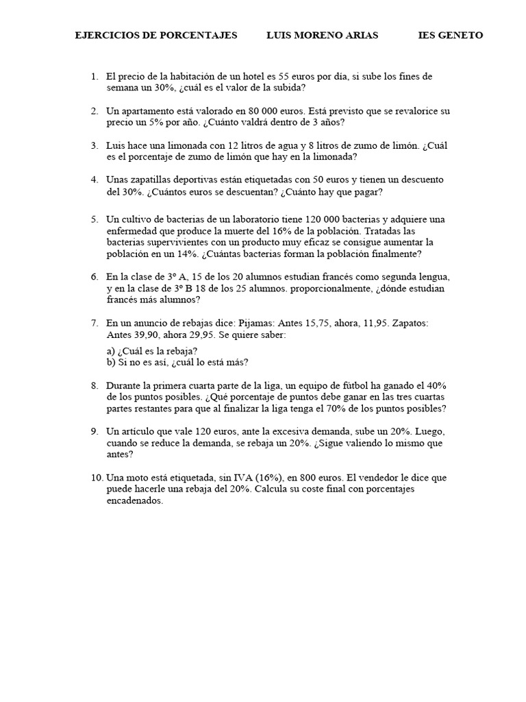 Ejercicios porcentajes | PDF