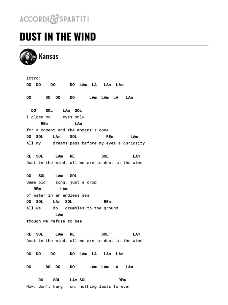 DUST IN THE WIND Accordi 100% Corretti - Kansas | PDF