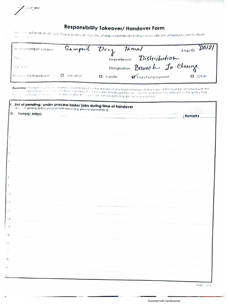 Responsibility Takeover Handover Form | PDF