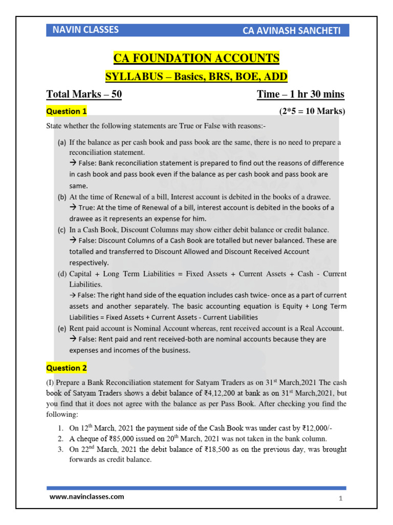 CA Foundation - Test 4 Chapters - Answer Paper | PDF