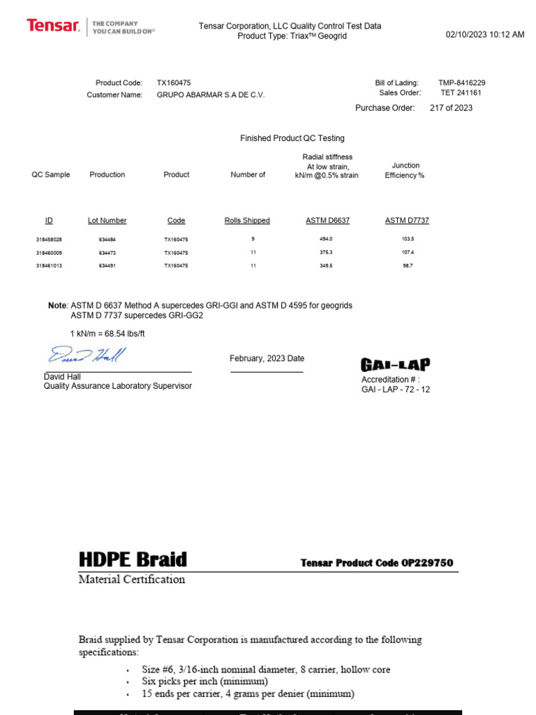 Certificado de Calidad Geomalla | PDF | Physical Sciences | Materials