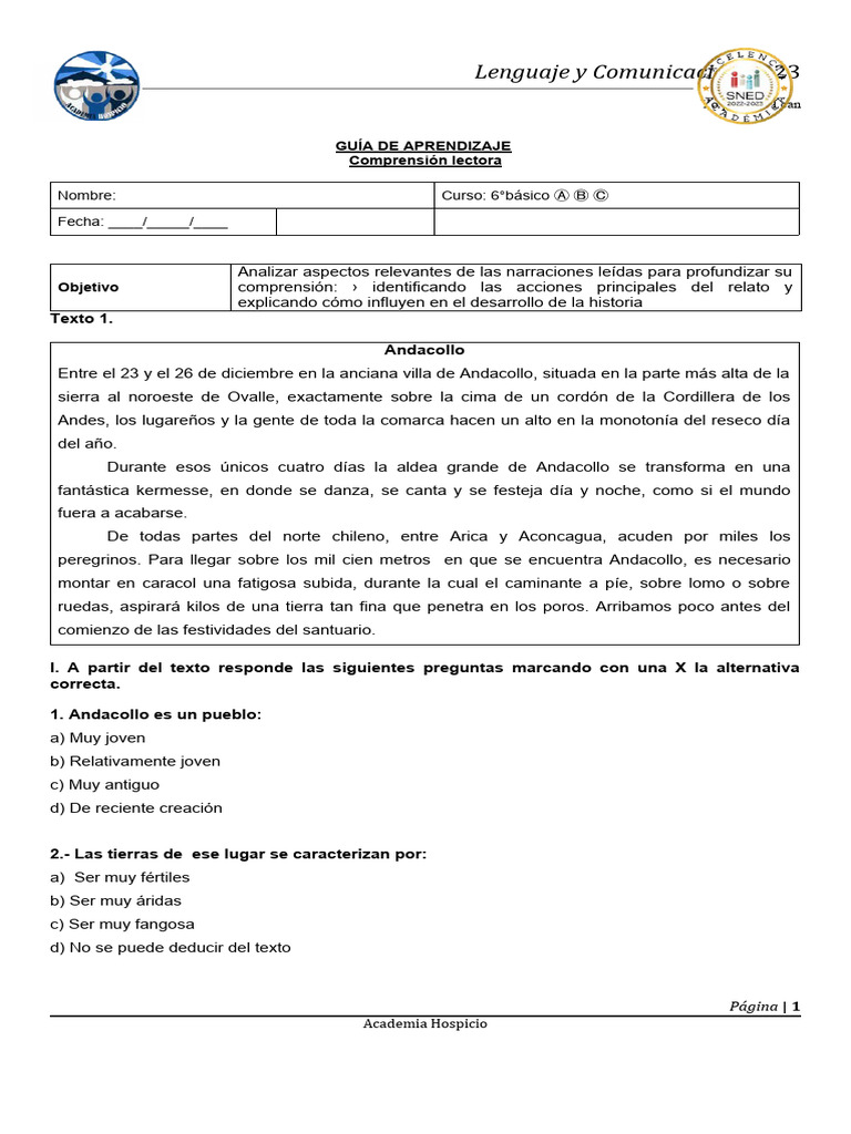 GUIA COMPRENSIÓN LECTORA 6TO | PDF