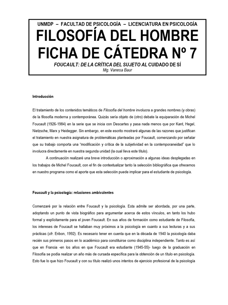 29 - Ficha de Cátedra 7 (Vanesa Baur) - Foucault. de La Crítica Del Sujeto Al Cuidado de Sí | PDF