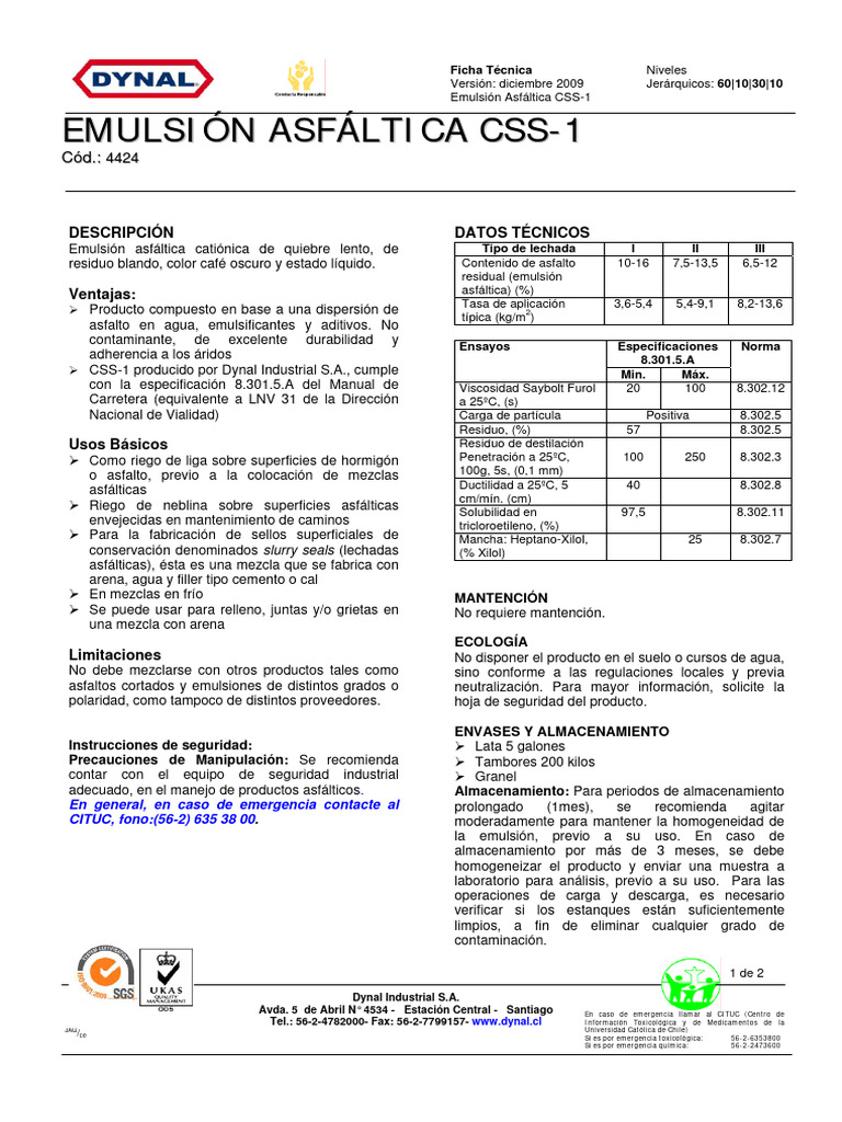 Emulsion Asfaltica CSS 1 | PDF