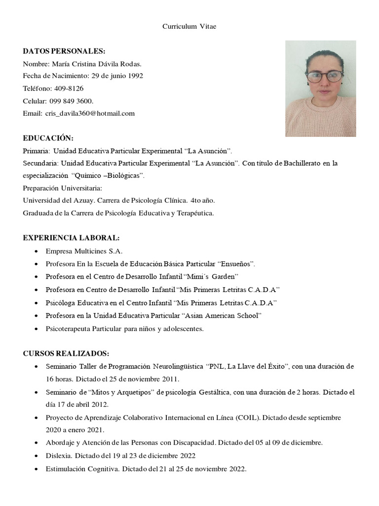 Curriculum Vitae María Cristina Dávila Rodas | PDF