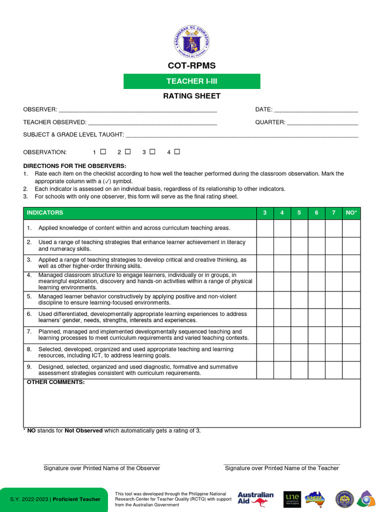 Teacher 1 - 3 - (Appendix C-02) COT-RPMS Rating Sheet For T I-III For SY 2022-2023 | Download ...