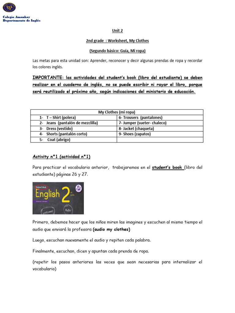 2 Básico Unidad 2 My Clothes 2 | PDF