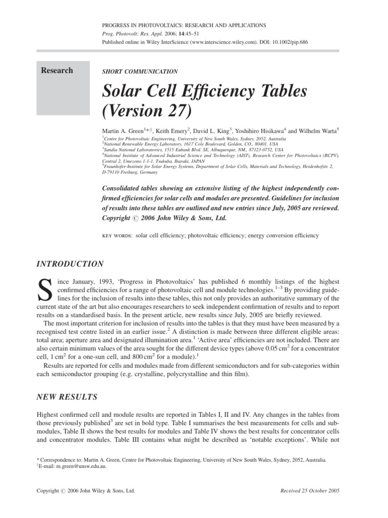 Solar Cell Efficiency Tables (2006) | PDF