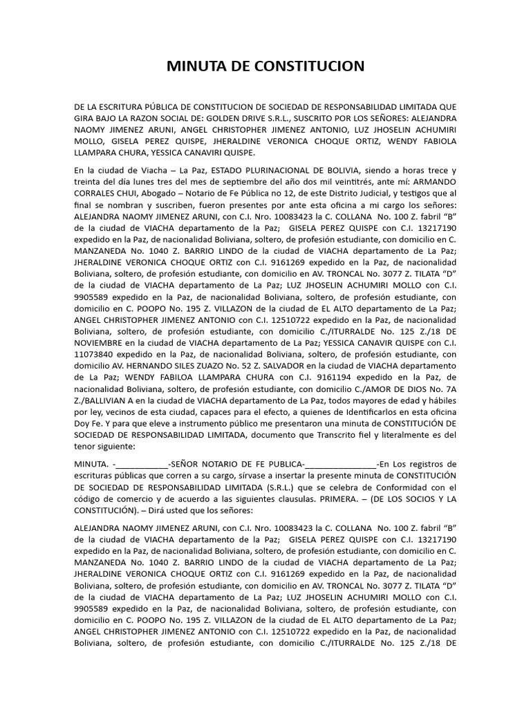 Minuta de Constitucion Empresa | PDF | Cheque | Contabilidad