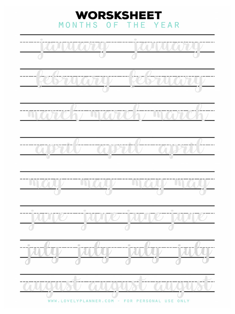 Lettering Practice Worksheet - Months of the year - by lovely planner | PDF