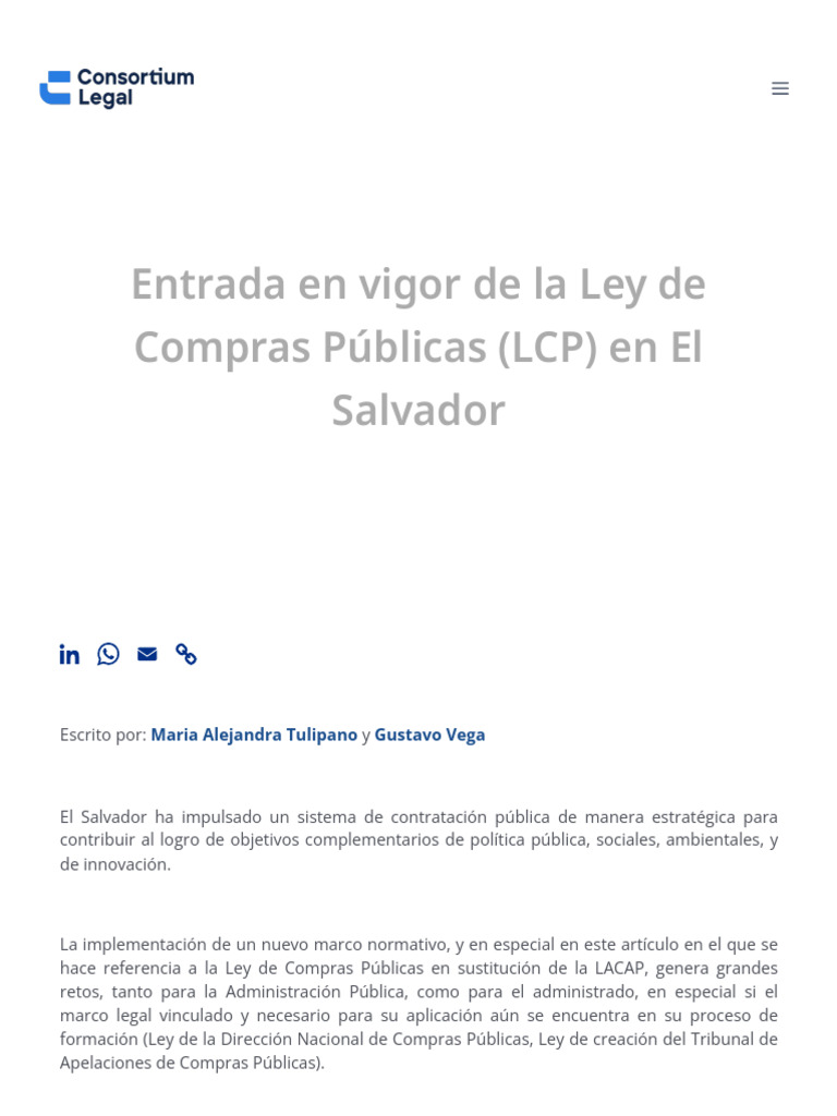 Entrada en Vigor de La Ley de Compras Públicas (LCP) en El Salvador - Consortium Legal | PDF