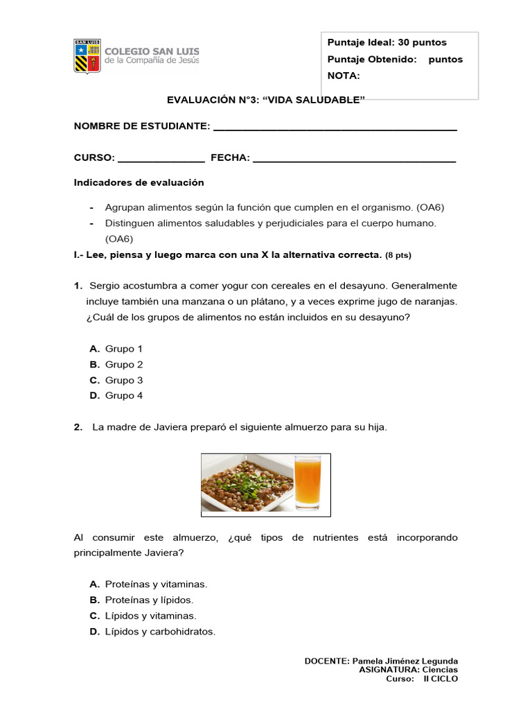 Prueba Ciencias Parte 1 Alimentos | PDF | Alimentos | Leche