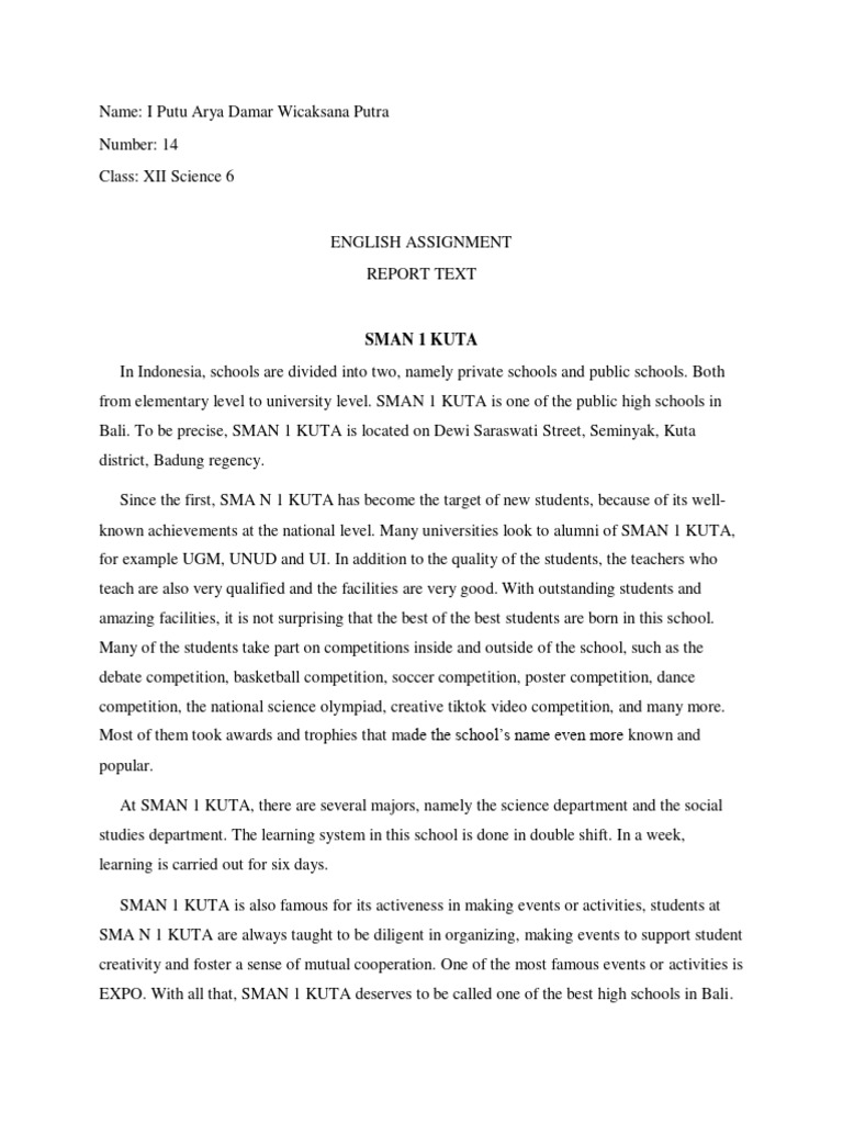 English Assignment Report Text SMAN 1 KUTA Arya Damar 14 XII IPA 6 | PDF