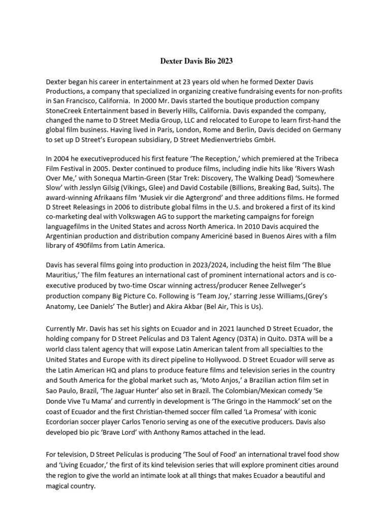 Dexter Davis Bio 2023 | PDF
