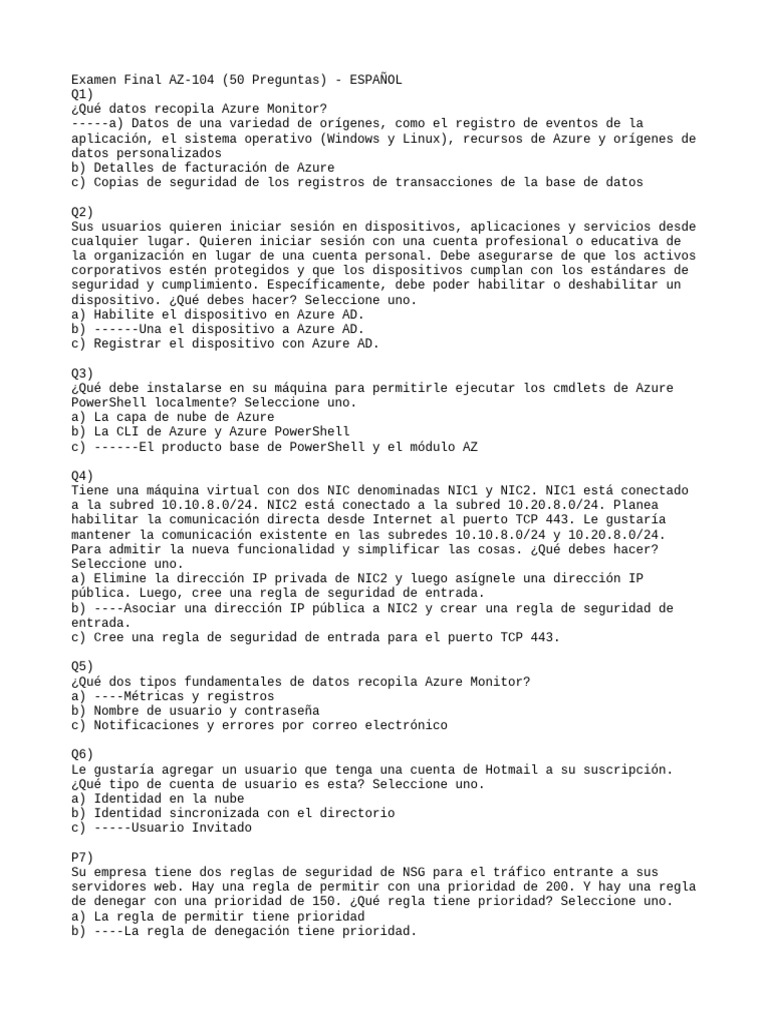 Examen Final AZ-104: 50 Preguntas en Español | PDF