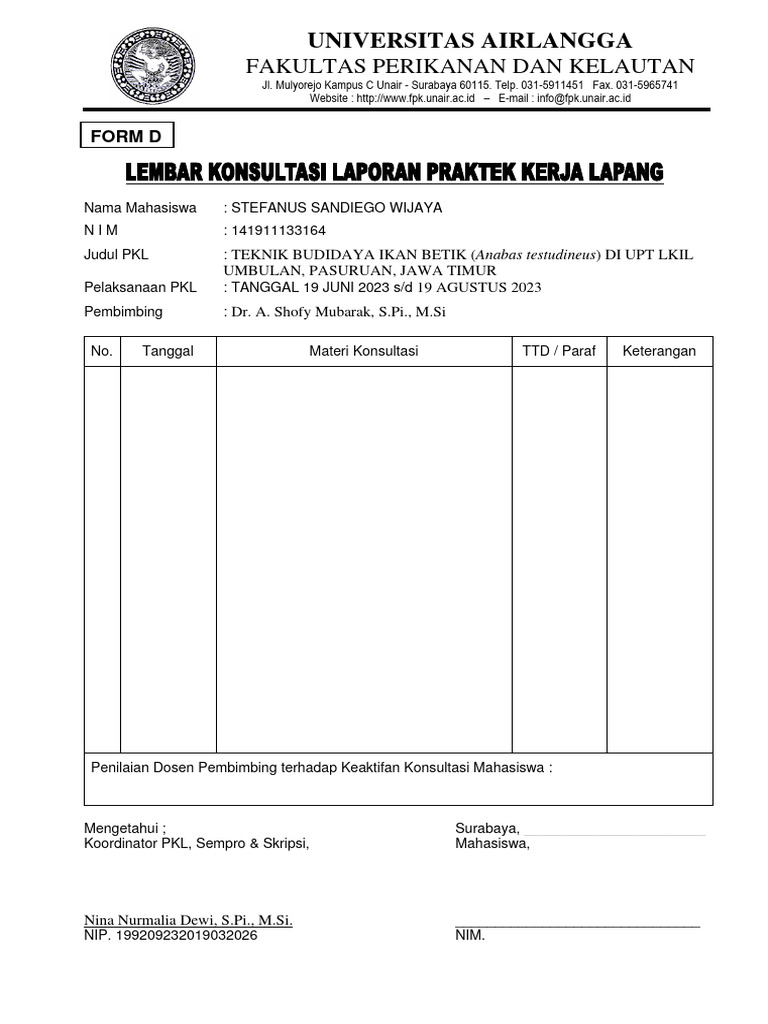 Form D Konsultasi Laporan Selesai PKL | PDF
