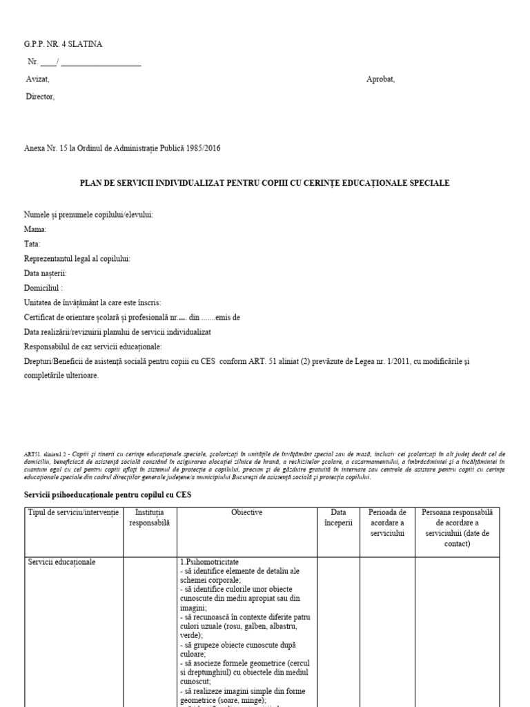 Plan de Servicii Individualizat Pentru Copii Cu Ces | PDF