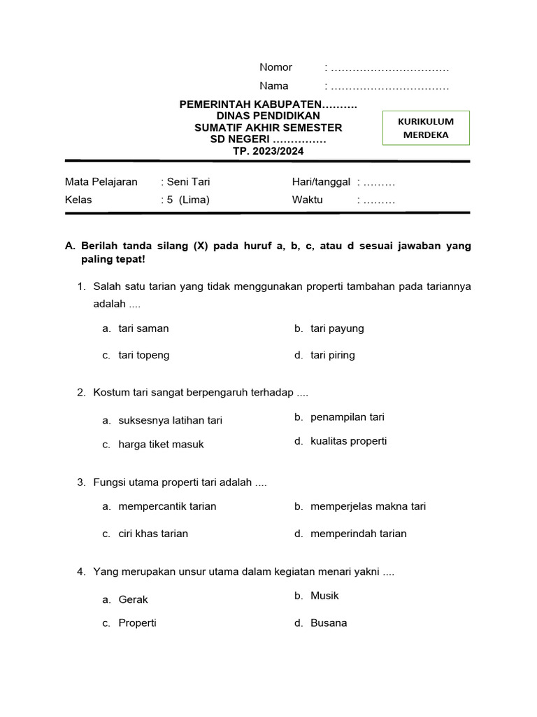 Soal PAS Seni Tari Kls 5 | PDF Soal PAS Seni Tari Kls 5 | PDF