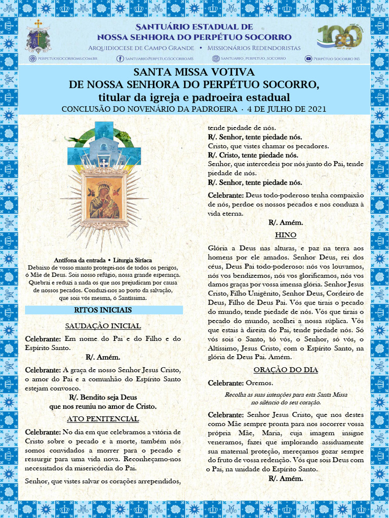 Folheto Liturgico Conclusao Do Novenario Santa Missa Votiva de Nossa Senhora Do Perpetuo Socorro ...