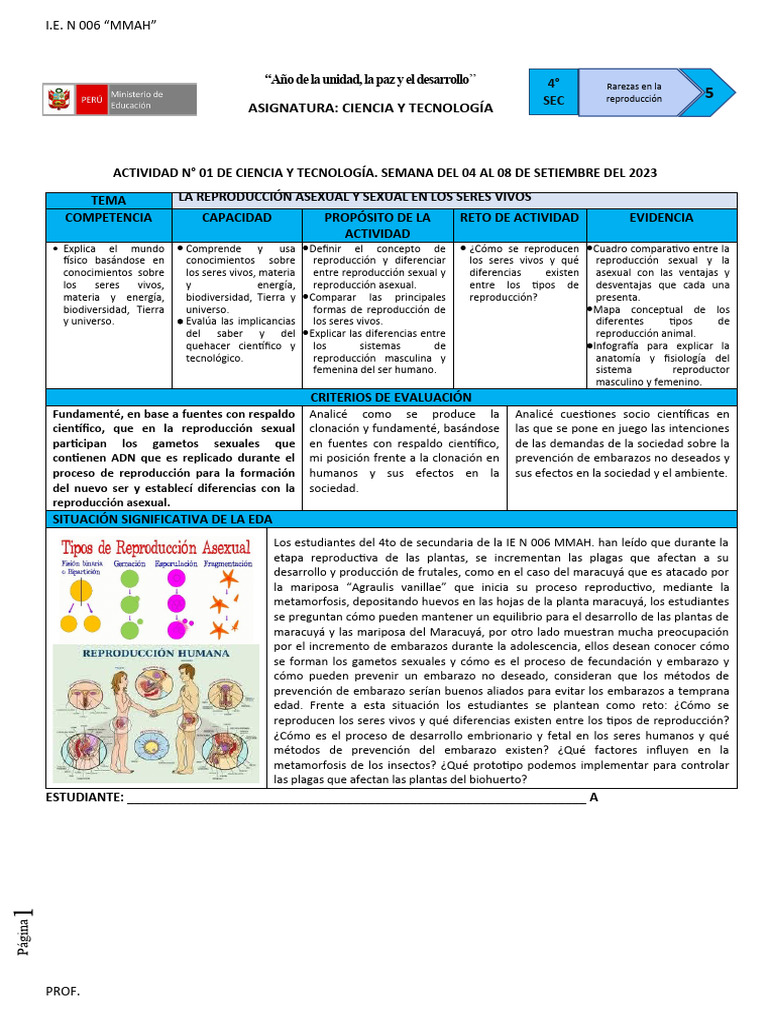 4° SEC. EDA 5 SEMANA 1 CYT Explica 2023 La Reproducción Asexual y Sexual en Los Seres Vivos | PDF